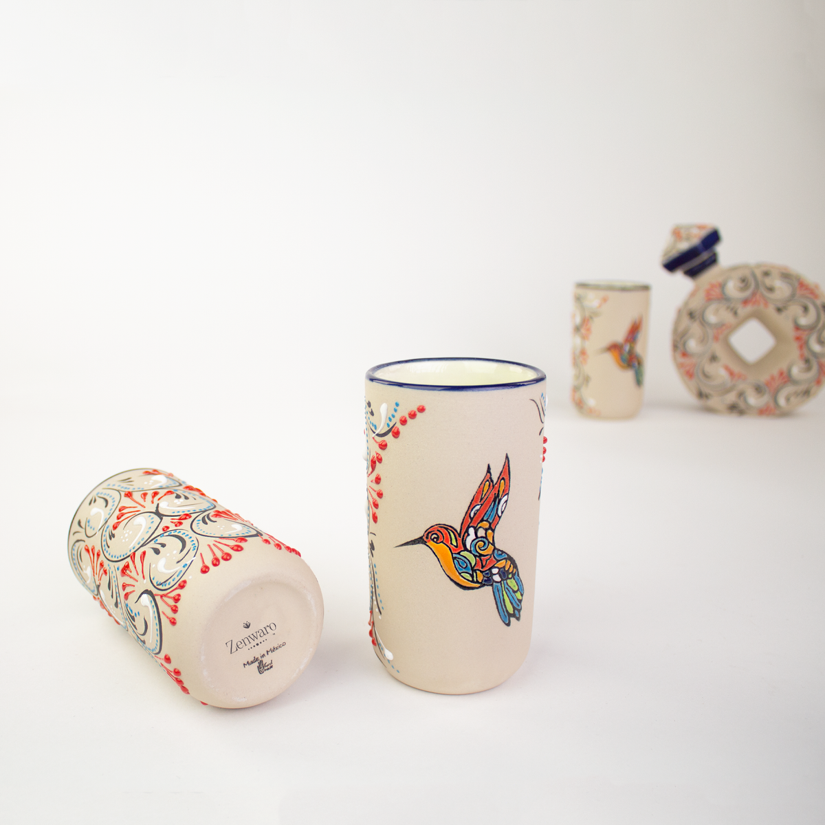 Stoneware Ceramic Tumblers | Colibri Hand Painted Pattern - Zenwaro